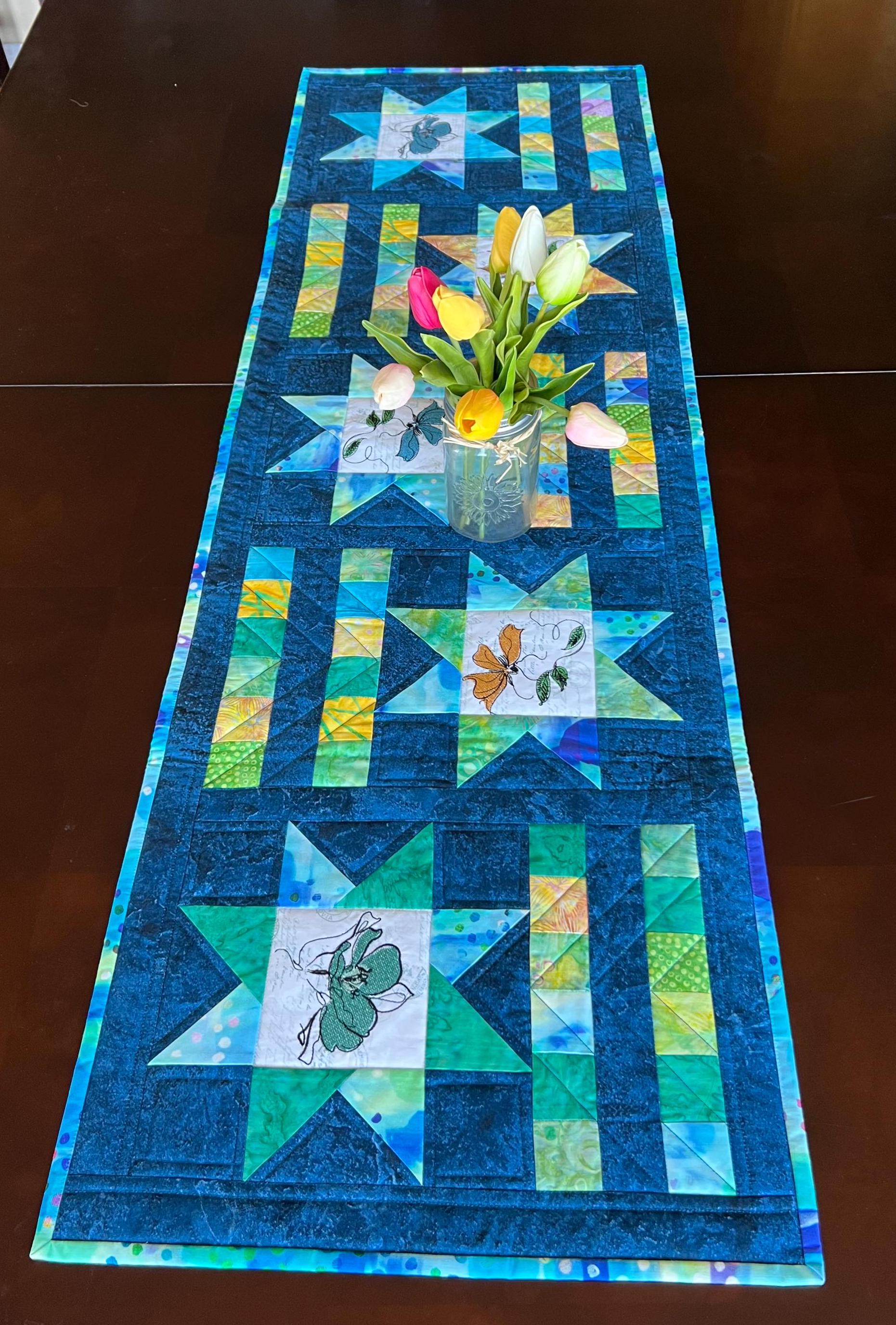Quilted Table Runner, Machine Embroidered Flowers, Blue and Yellow - Etsy