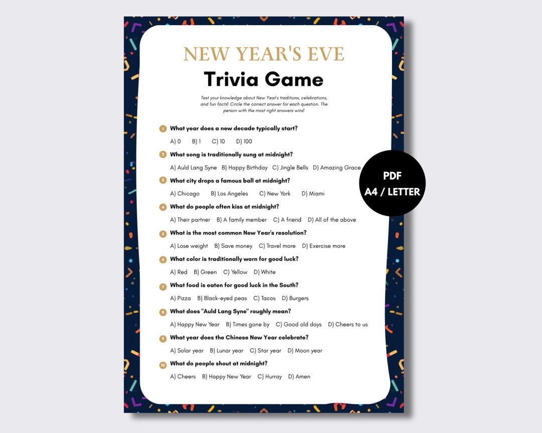 New Year's Eve Trivia Game Printable | Family NYE Party Activity ...