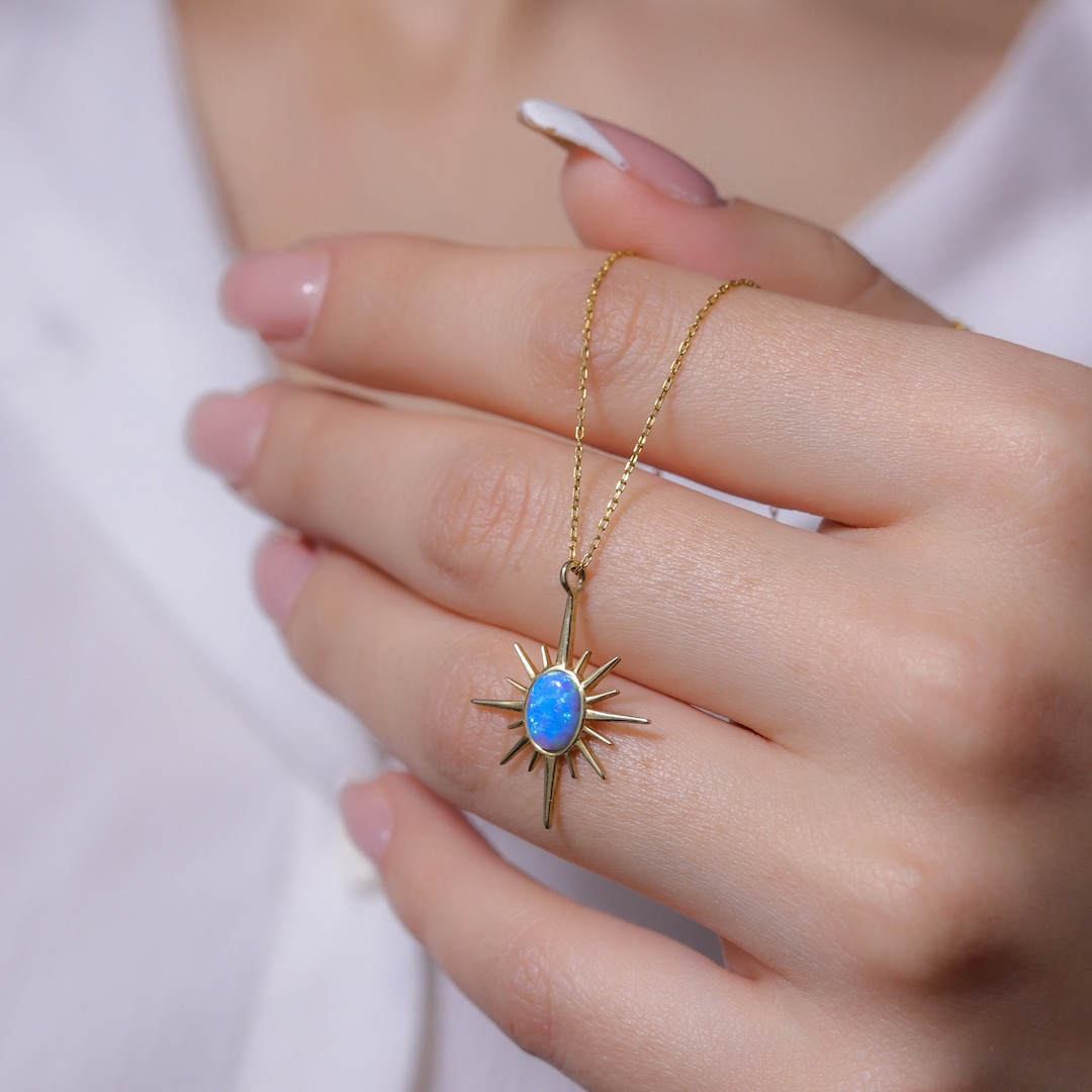 Blue North Star Opal Necklace, Opal Star Pendant, Dainty Opal Necklace, Celestial Opal Jewelry ...