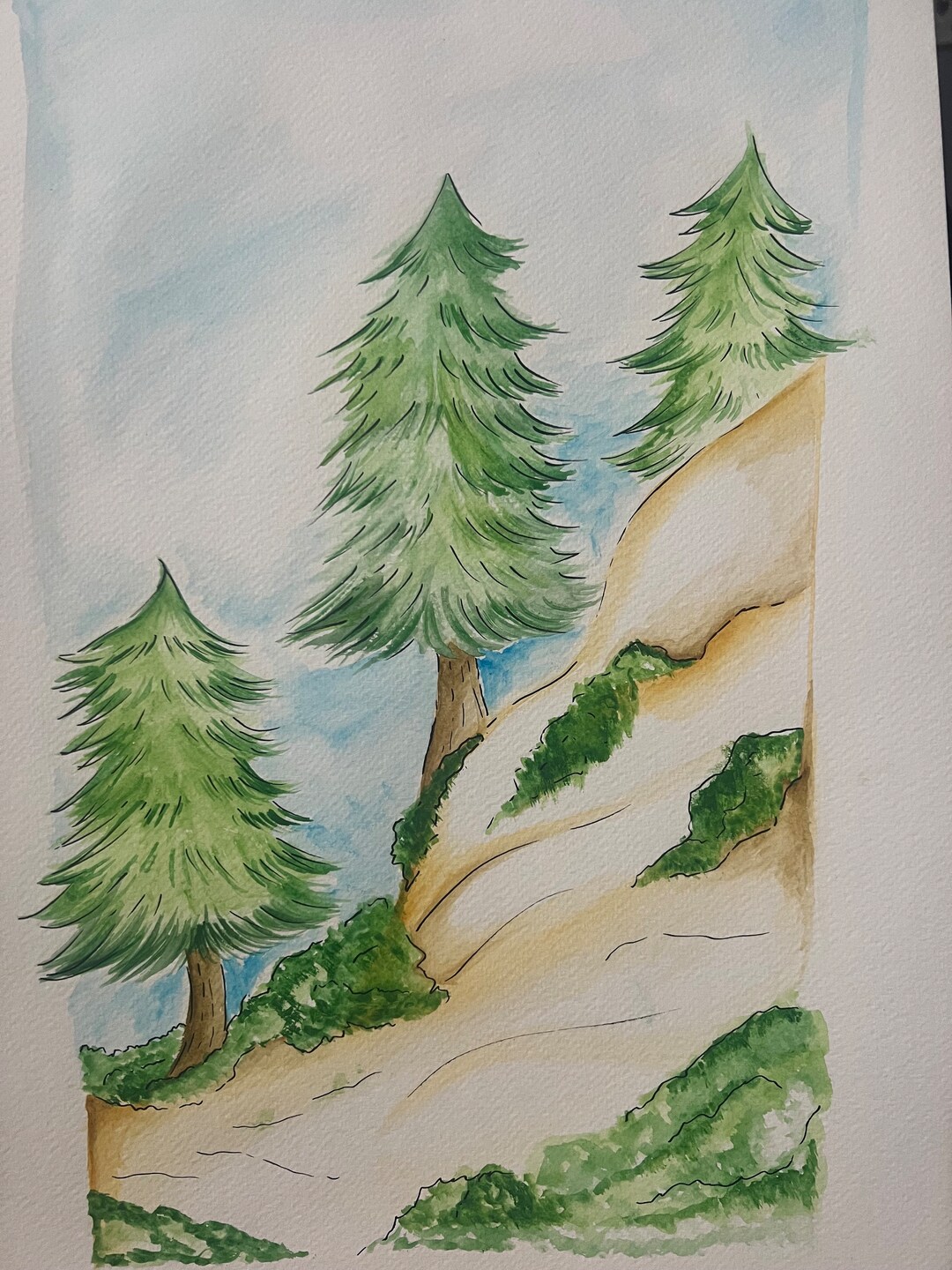 Original | Watercolor Hand Painted Wilderness Painting With Shrubs and ...