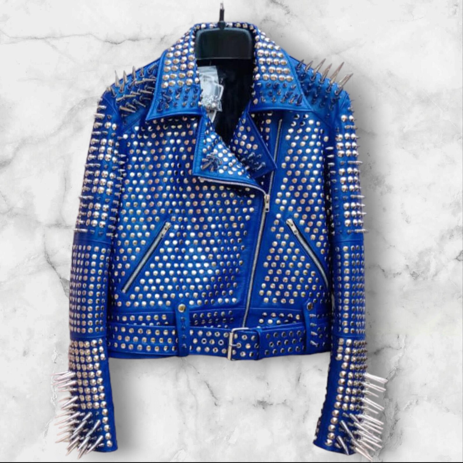 Punk Studded Jacket - New Men Punk Blue Full Long Silver Spiked Studded ...