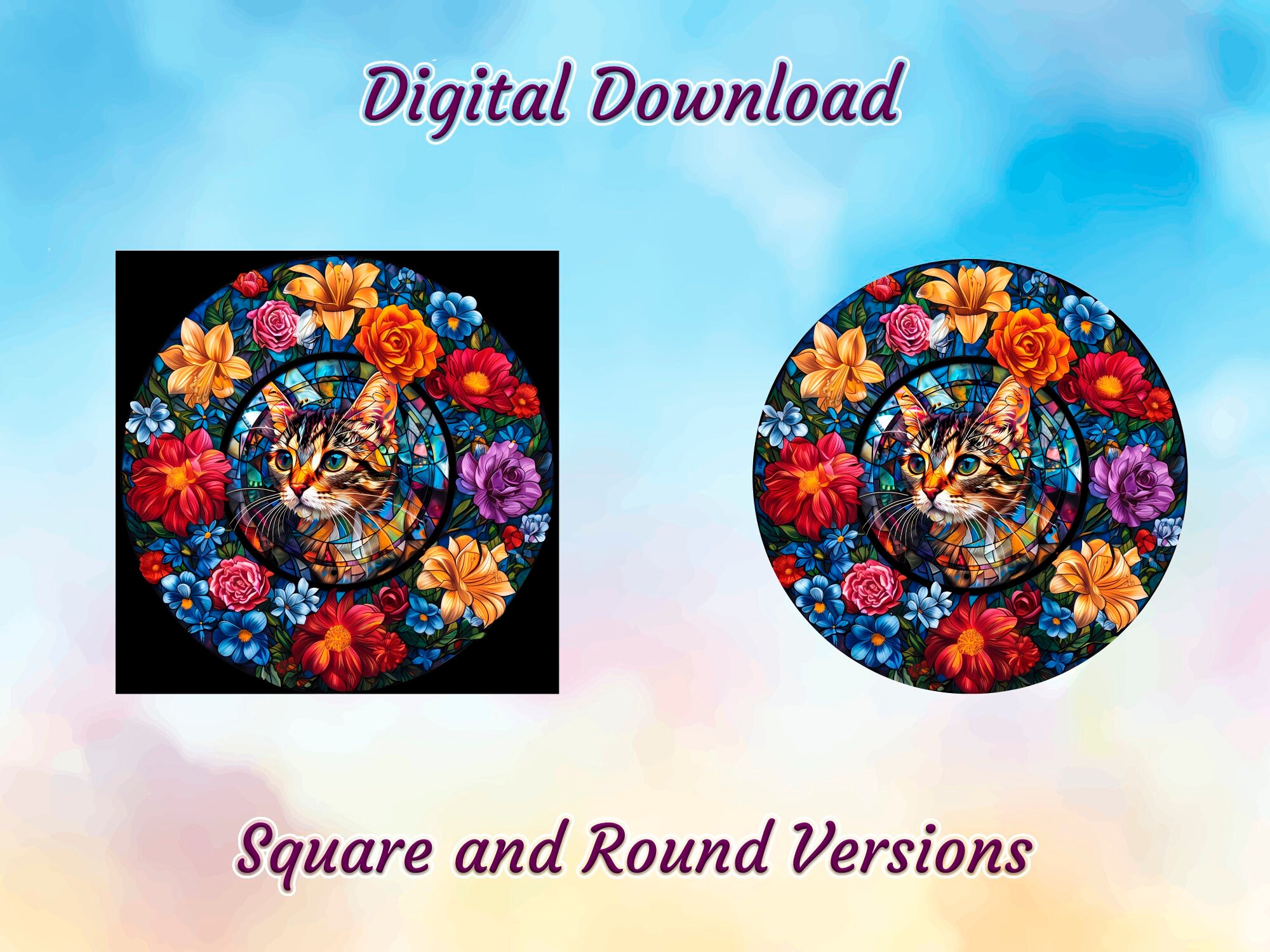 Colorful Stained Glass Tabby Cat Wind Spinner Sublimation PNG, Round ...