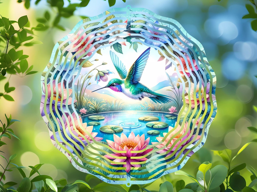 Hummingbird and Lotus Pond Sublimation Design, Wind Spinner Round PNG ...