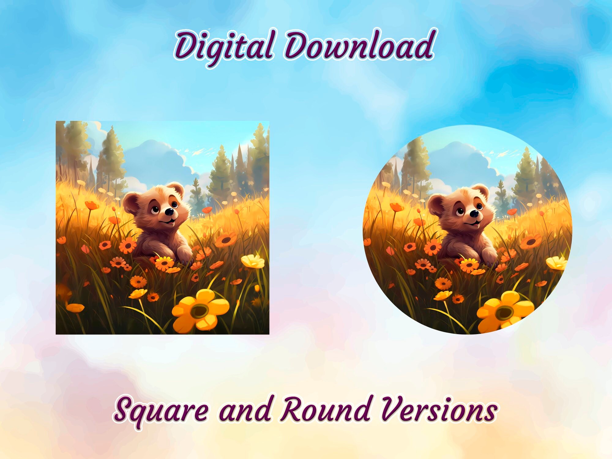 Cute Bear Digital Art, Round Wind Spinner Design, Printable Sublimation ...