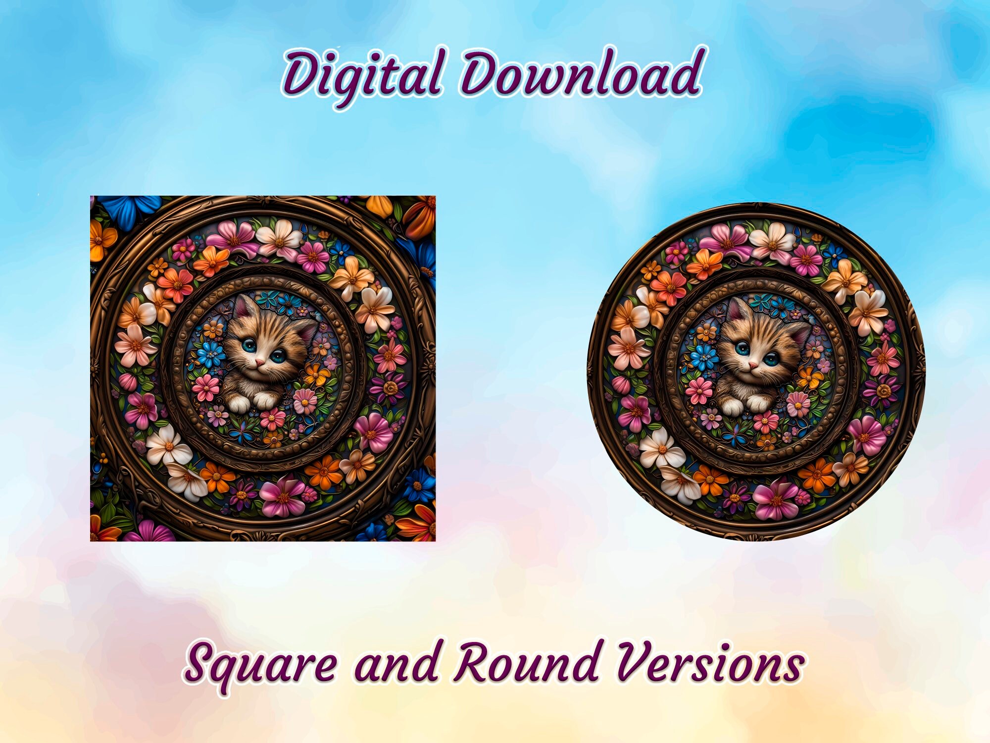Cute Kitten Floral Wind Spinner PNG, Tabby Cat Adorable Round ...