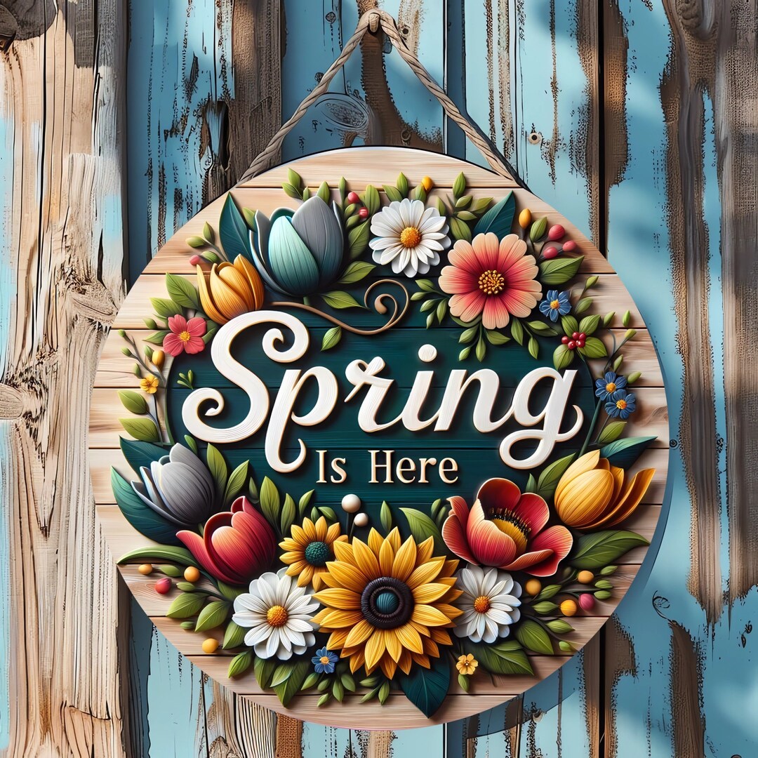 Spring is Here Round Door Hanger PNG, Floral Welcome Sign DIY ...