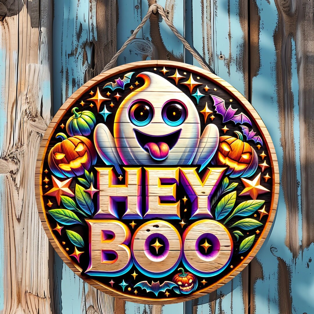 Cute Ghost Welcome Sign Round Door Hanger Sublimation Print, Hey Boo ...