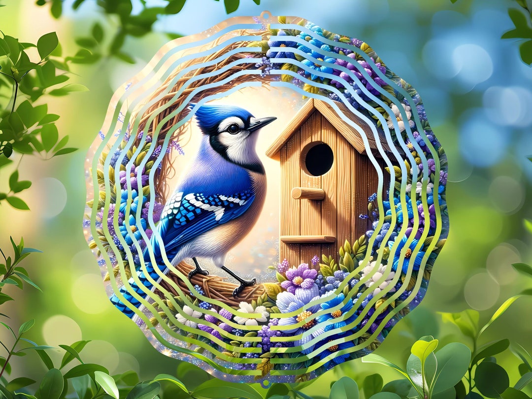 Blue Jay Bird House Wind Spinner Digital Sublimation PNG, Round Wind ...
