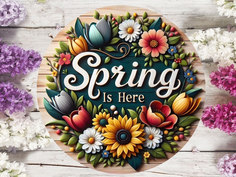 Spring is Here Round Door Hanger PNG, Floral Welcome Sign DIY ...