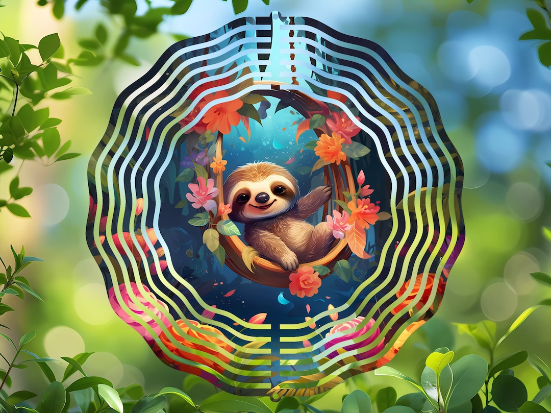 Adorable Animated Lazy Sloth Wind Spinner Sublimation Design, Round PNG ...