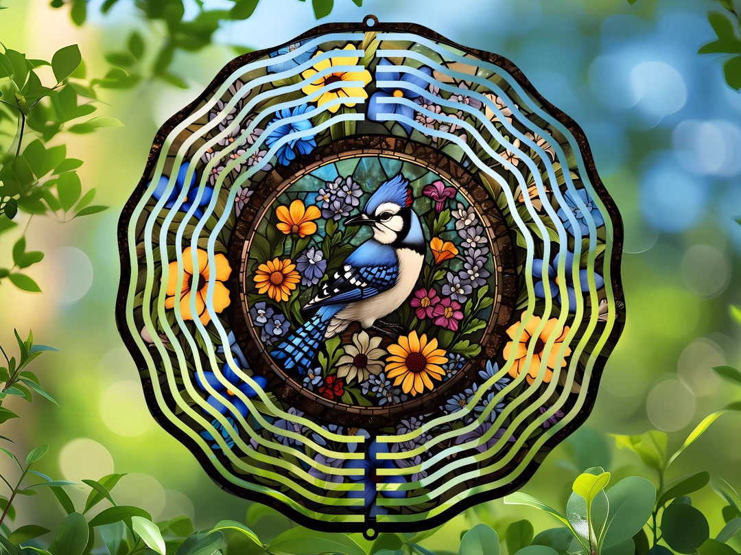 Stained Glass Blue Jay Wind Spinner Sublimation File, Blue Bird Round ...