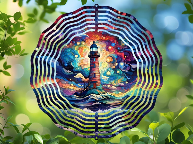 Psychedelic Stained Glass Lighthouse Wind Spinner Sublimation Design ...