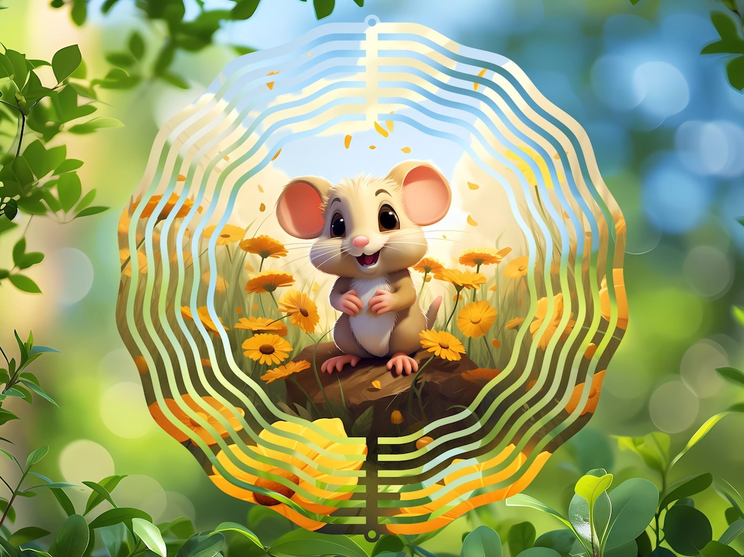 Round Animated Mouse Wind Spinner Sublimation Design, Yellow Flowers ...
