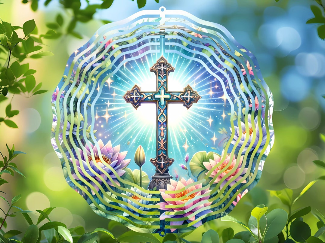 Spiritual Cross and Floral Wreath Wind Spinner, Digital Art ...