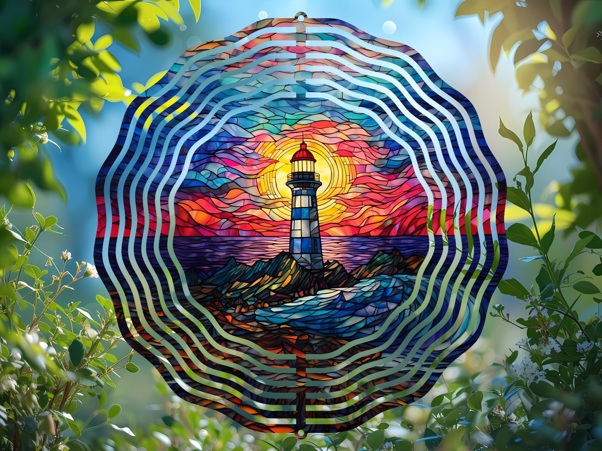 Animated Stained Glass Lighthouse Wind Spinner Sublimation PNG, Round ...