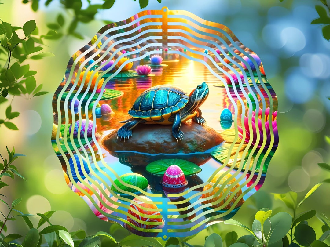 Turtle With Easter Eggs Wind Spinner Design, Round Sublimation PNG, Fantasy Pond Digital ...