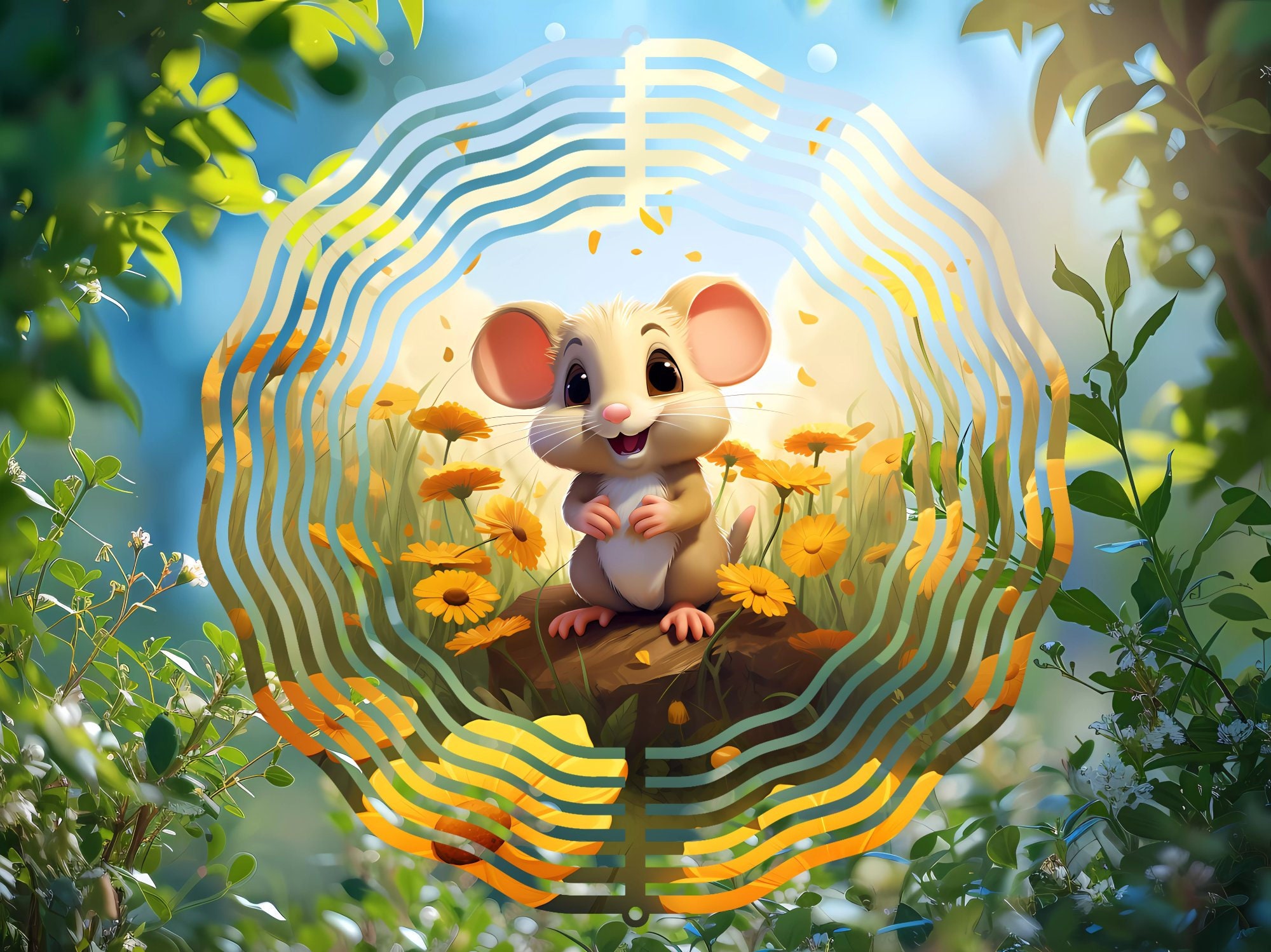 Round Animated Mouse Wind Spinner Sublimation Design, Yellow Flowers ...