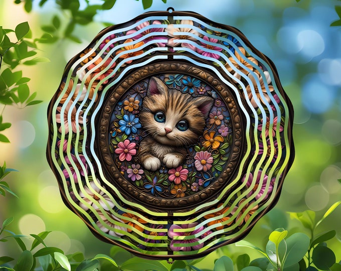 Cute Kitten Floral Wind Spinner PNG, Tabby Cat Adorable Round ...