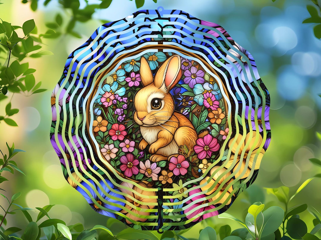 Easter Bunny Stained Glass Wind Spinner PNG, Round Ornament Garden ...