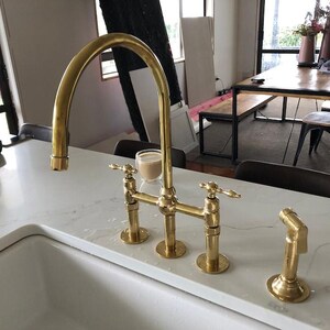Unlacquered Brass 3 Holes Kitchen Bridge Faucet With Side Sprayer ...