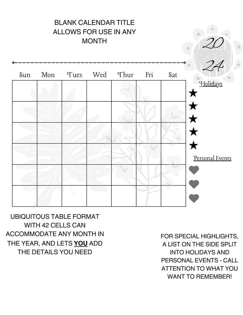 Blank 2024 Monthly Calendar - Etsy