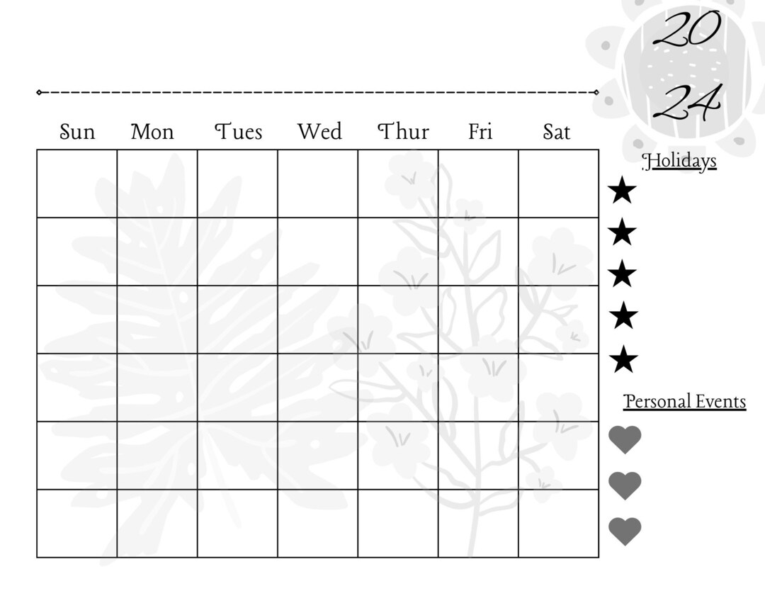 Blank 2024 Monthly Calendar - Etsy