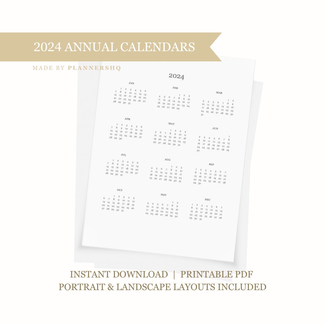 2024 Yearly Calendar Printable, Portrait Page and Horizontal Page ...