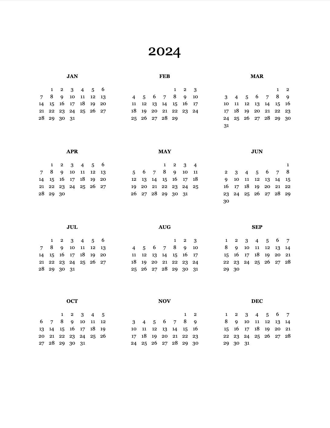2024 Yearly Calendar Printable, Portrait Page and Horizontal Page ...