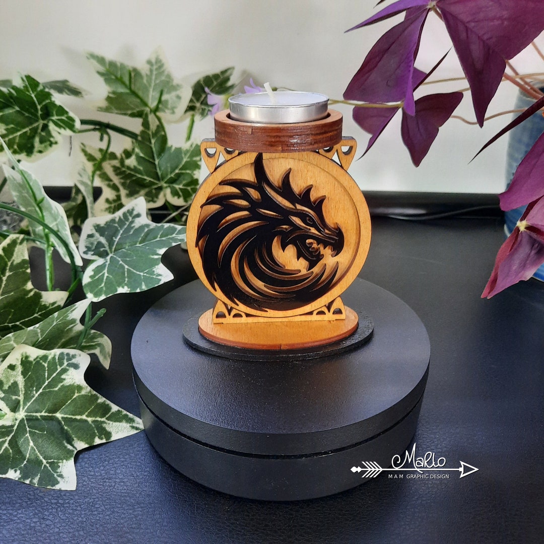 Black Dragon Head Tea Candle Stand | Laser Engraved Wood | Hand Painted ...