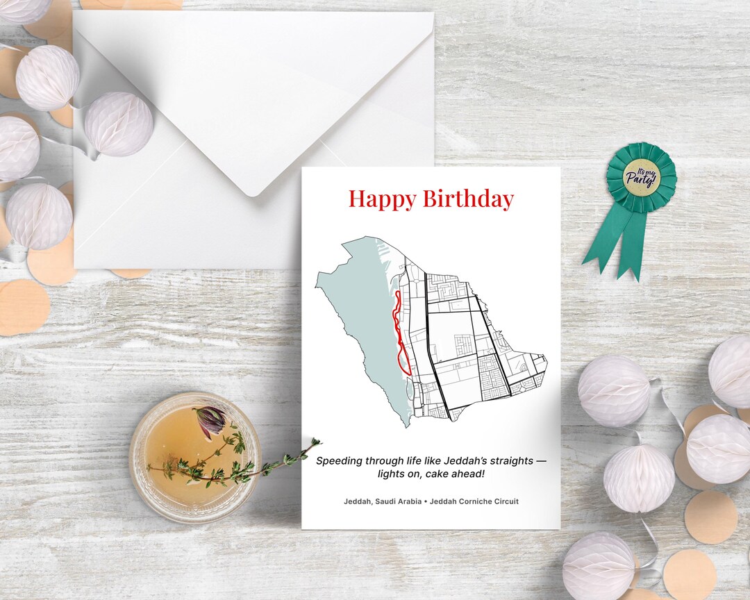 F1 Saudi Arabia Grand Prix Map Birthday Card (5x7” Instant Printable ...