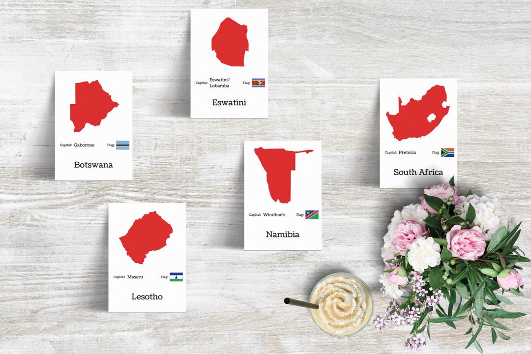 Southern Africa Maps, Capitals & Flags Flashcards A7 Printable ...
