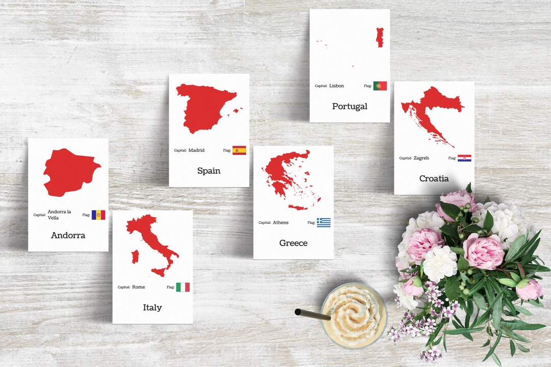 Southern Europe Maps, Capitals & Flags Flashcards A7 Printable ...