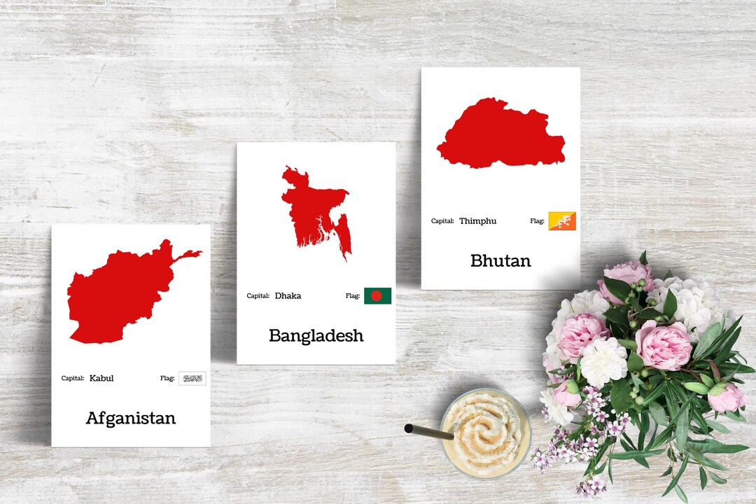 South Asia Maps Capital & Flag | A6 Montessori Printable Cards ...