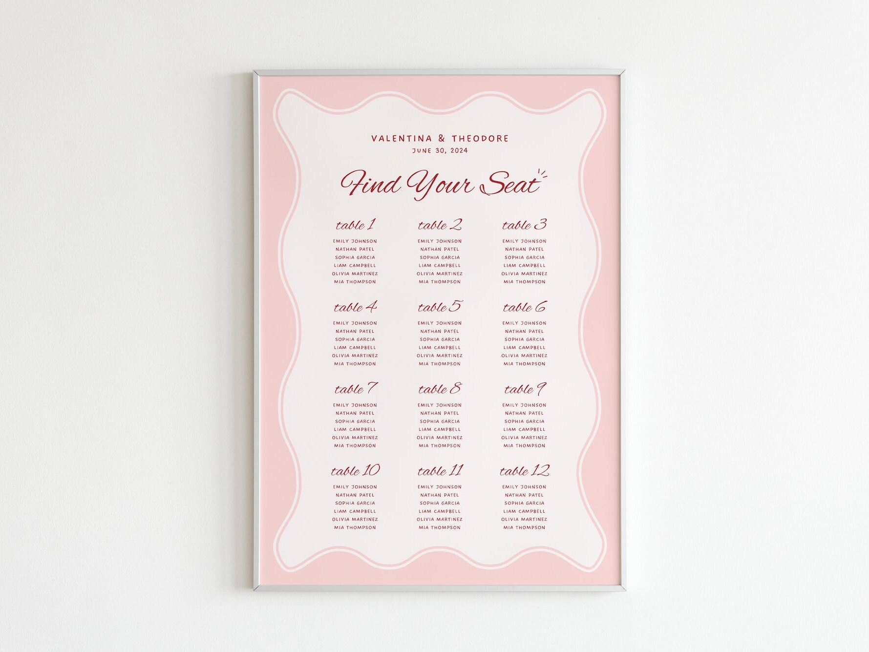 Pink & Red Wedding Seating Chart Template Customizable Modern Colourful ...