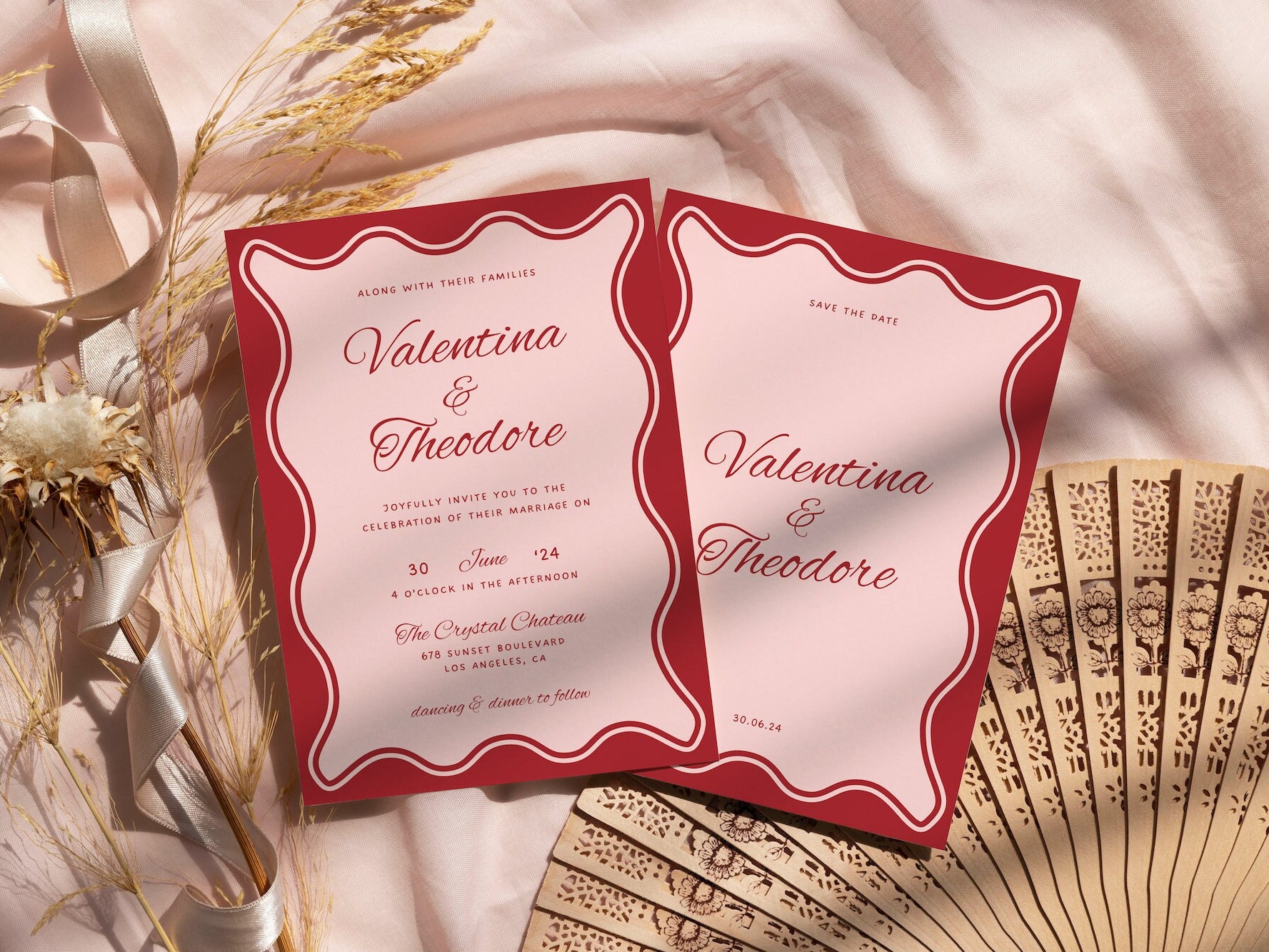Pink & Red Wedding Invitation Template Suite Customizable Modern Invite ...