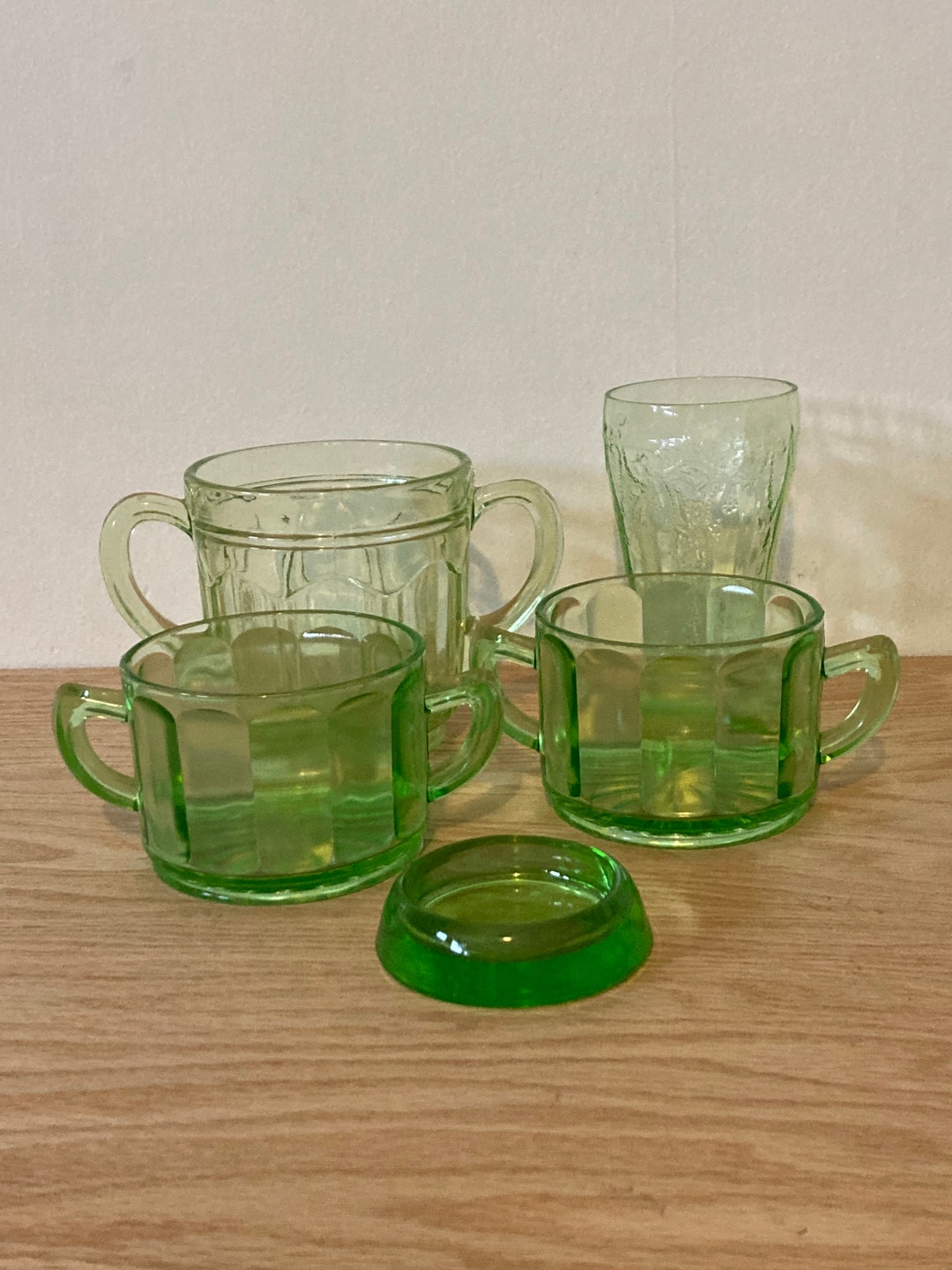 Green Glass Collection Sugar Bowl Uranium Glass Depression Era Drinking ...