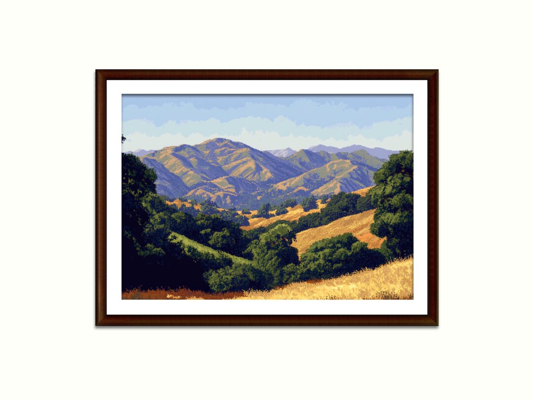 Pixel Art California Landscape Print - Golden Hills, Trees, Blue Sky ...