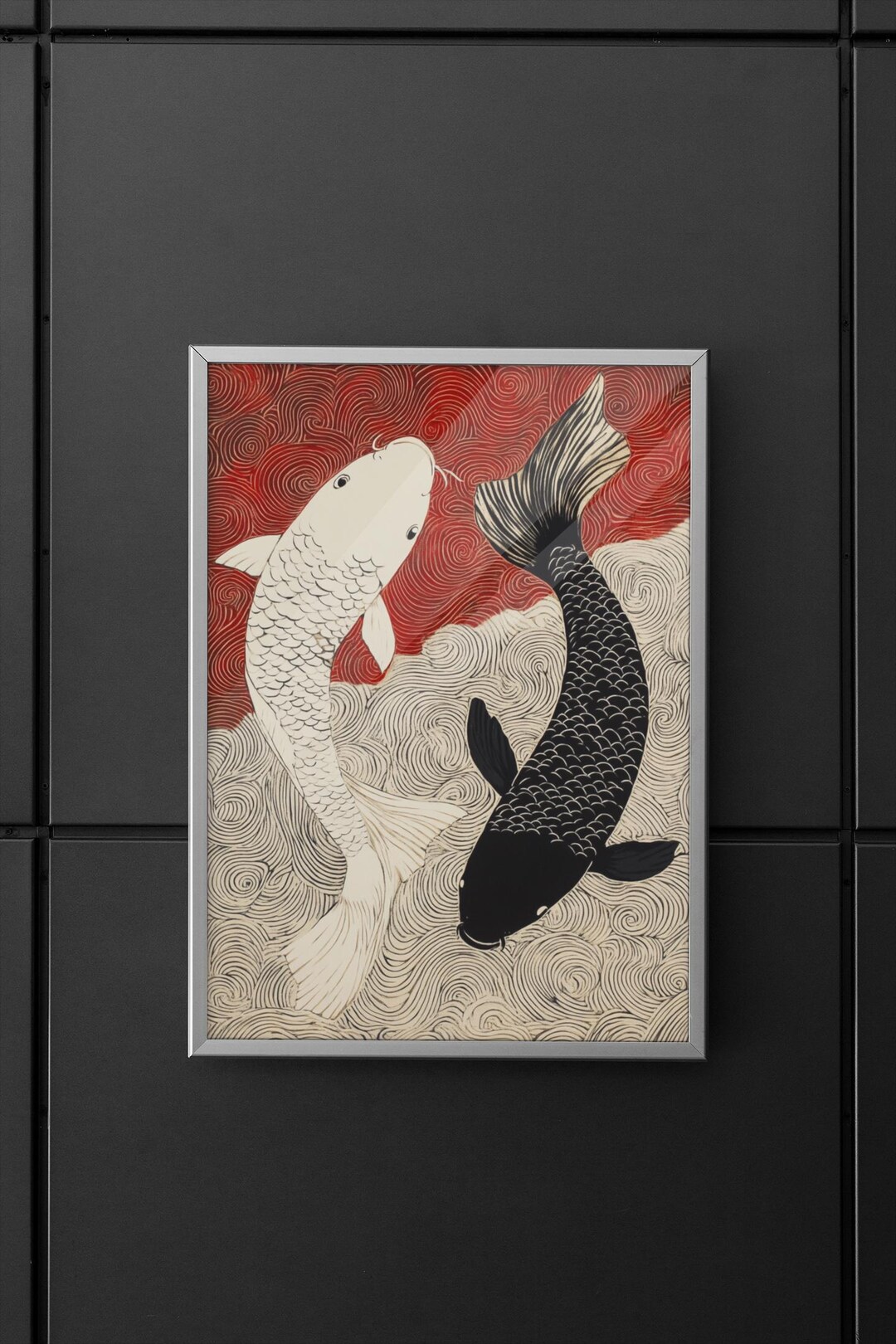 Koi Fish Pop Art Poster Black and White Koi Swimming, Abstract Swirl ...