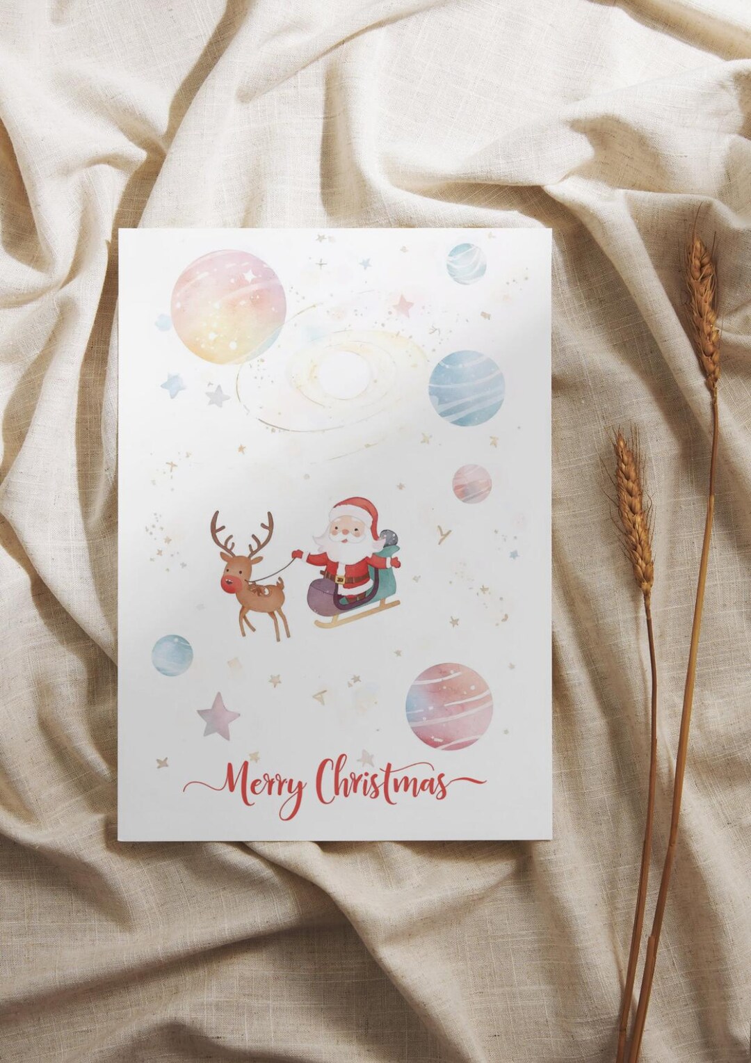 Merry Christmas Card, Santa on Sleigh in the Sky With Planets ...