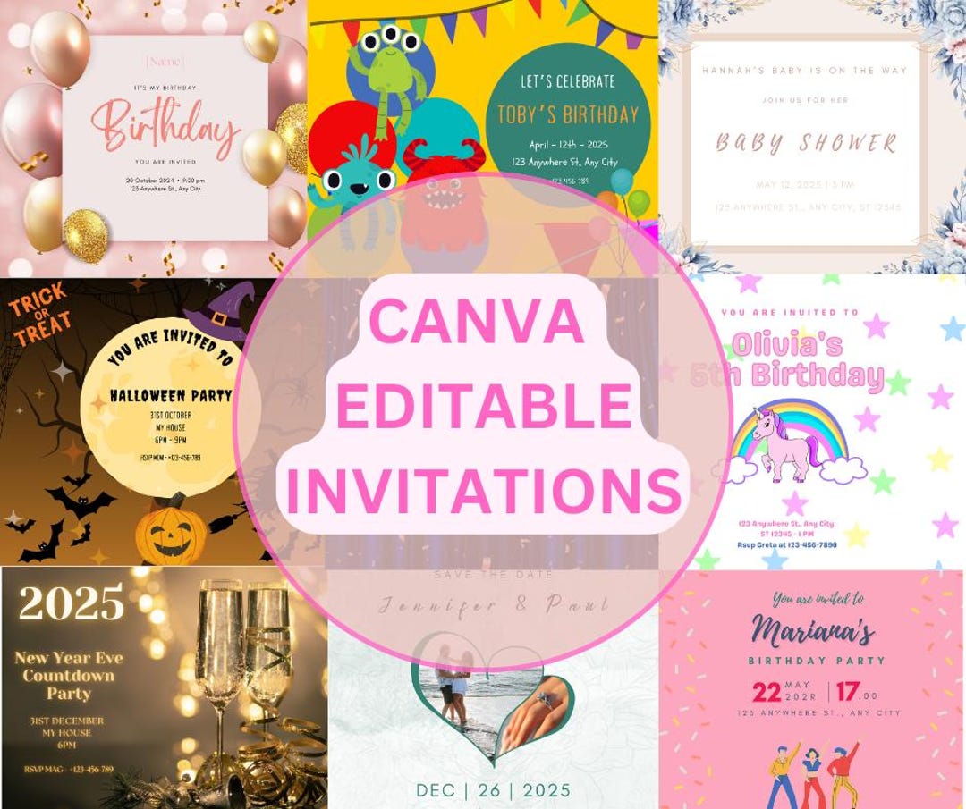 10 Canva Editable Invitations/greetings. Birthday Party Invitations ...