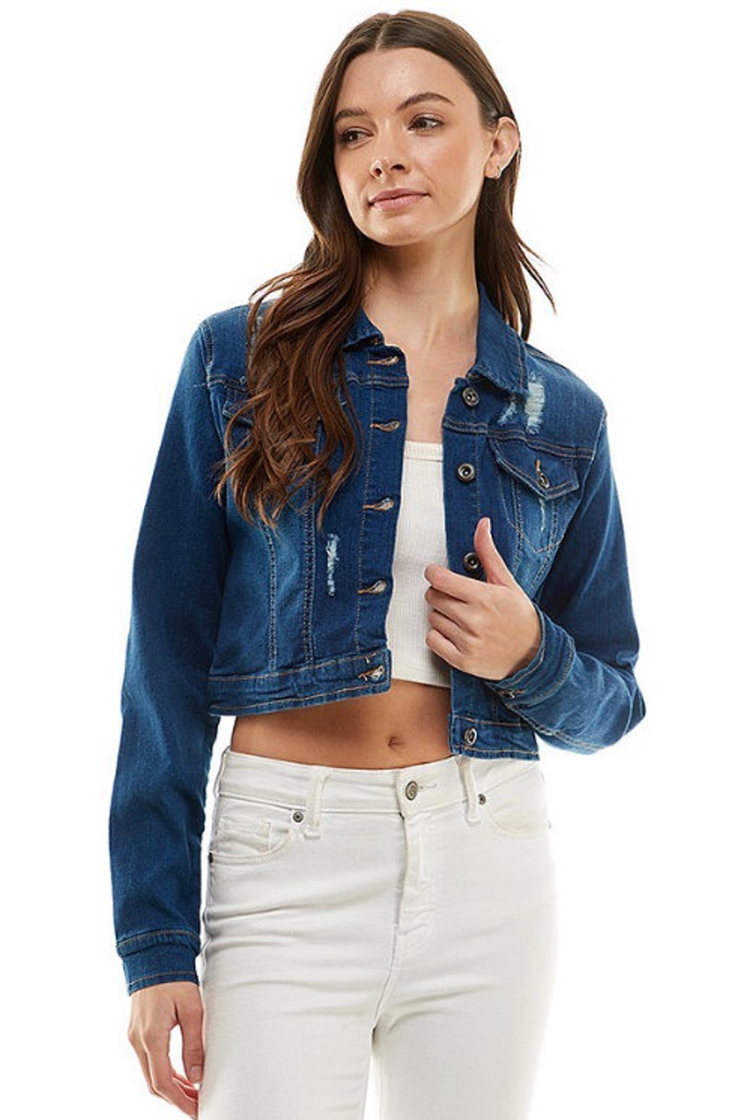 Women's Cropped Long Sleeve Distressed Denim Jacket. Stretchy and ...