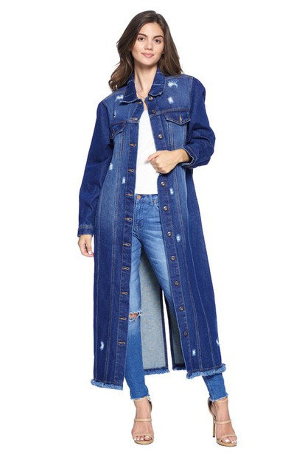 Distressed Denim Trench Jacket, Long Denim Jacket - Etsy