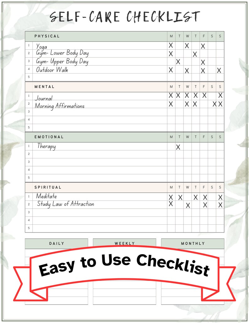 Self Care Checklist Printable Daily Planner Wellbeing Printable ...
