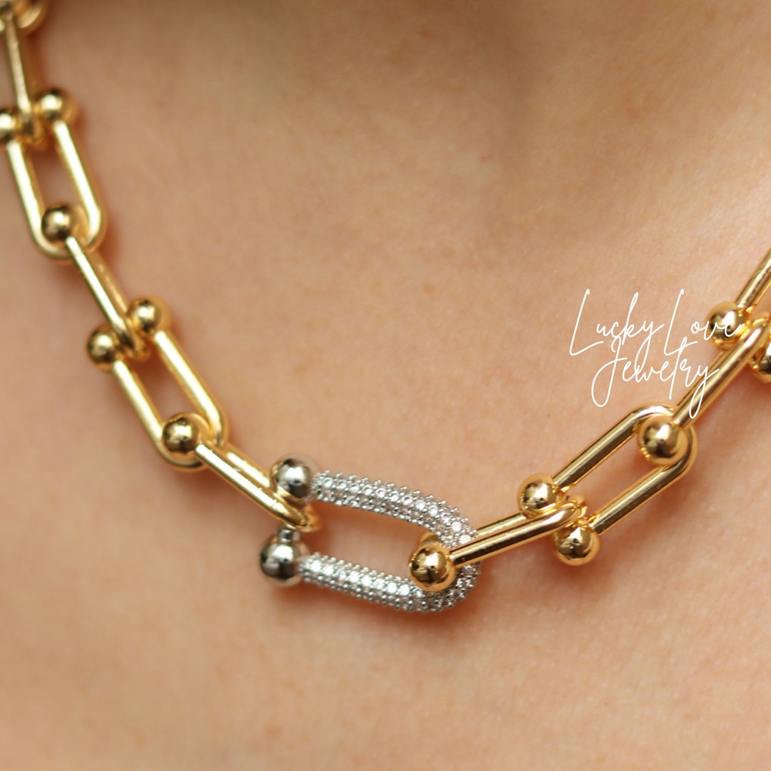 18K Gold Chunky U Shaped Chain, Brass Charm Necklace, Stainless Steel ...