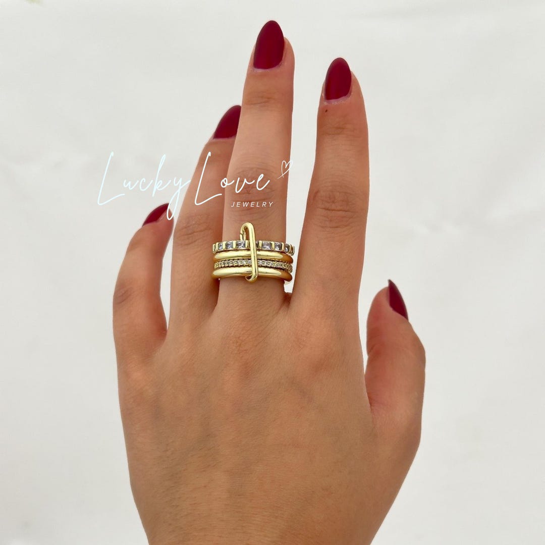 14K Gold Plated Multi-link Ring, Thick Gold Plated Interlocking Zircon ...