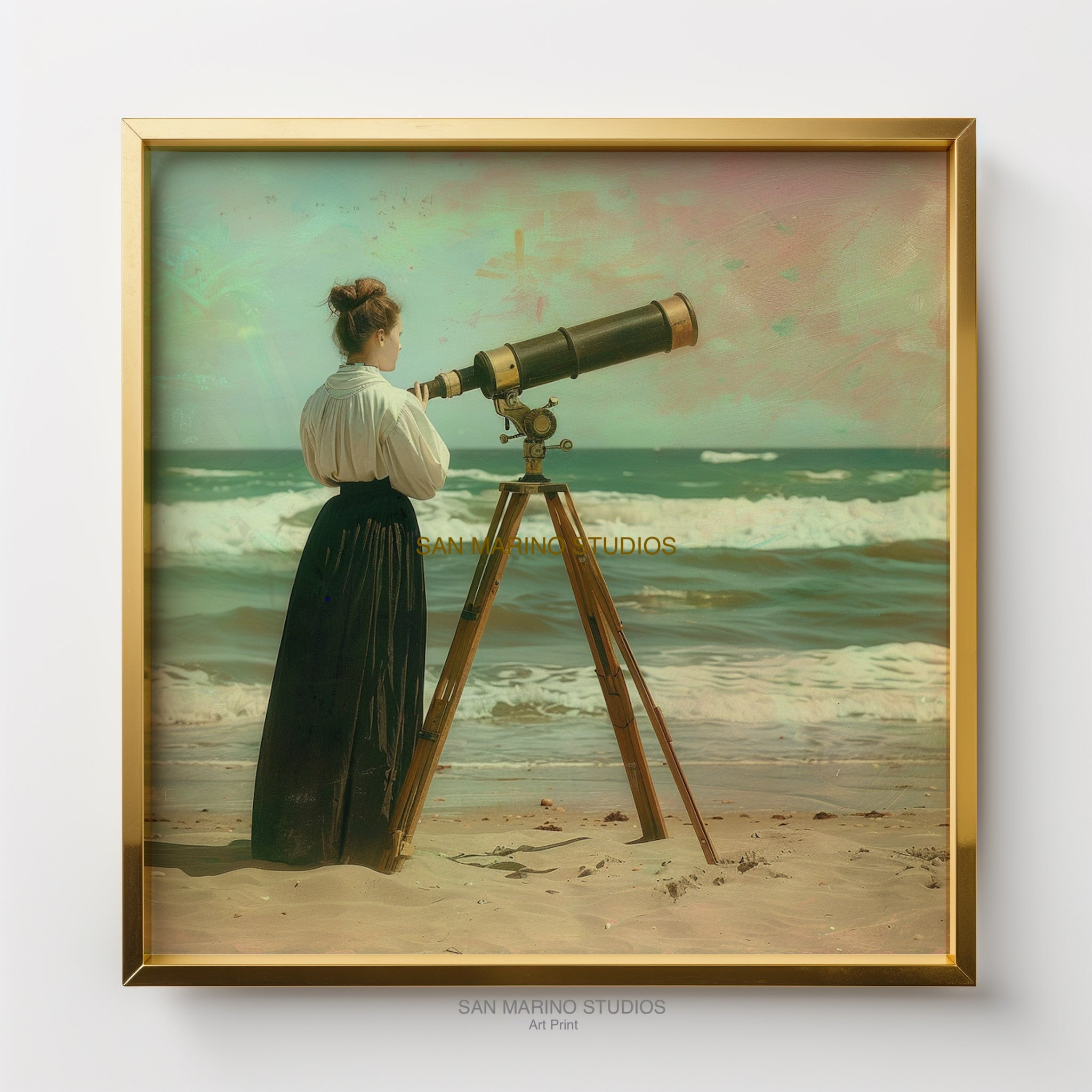 Vintage | Woman on the Beach | Telescope | Painting | Digital ...