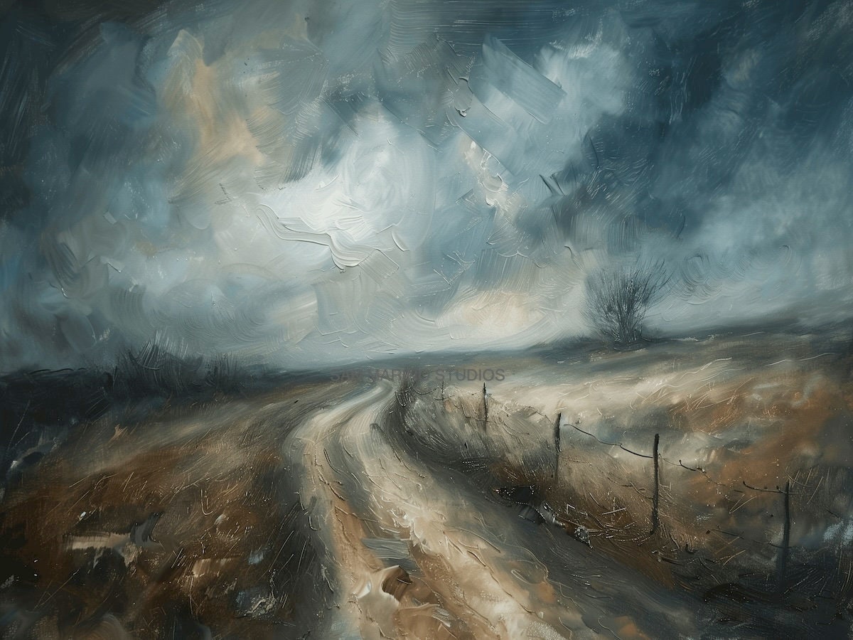 Country Road Path Field Fence Painting Mood Vintage Oil Painting ...