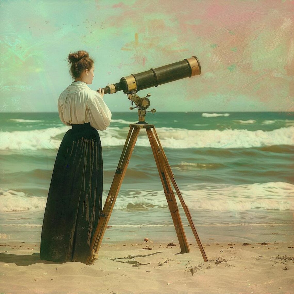 Vintage | Woman on the Beach | Telescope | Painting | Digital ...