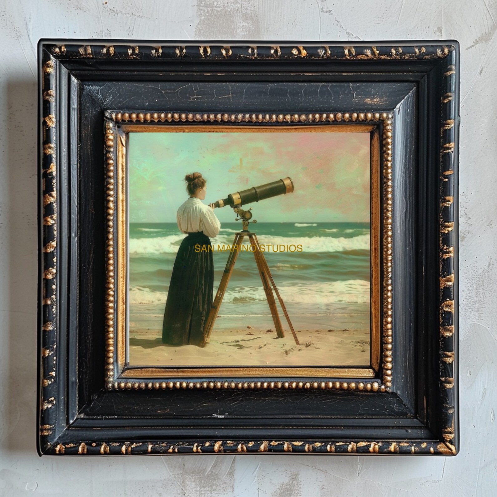 Vintage | Woman on the Beach | Telescope | Painting | Digital ...