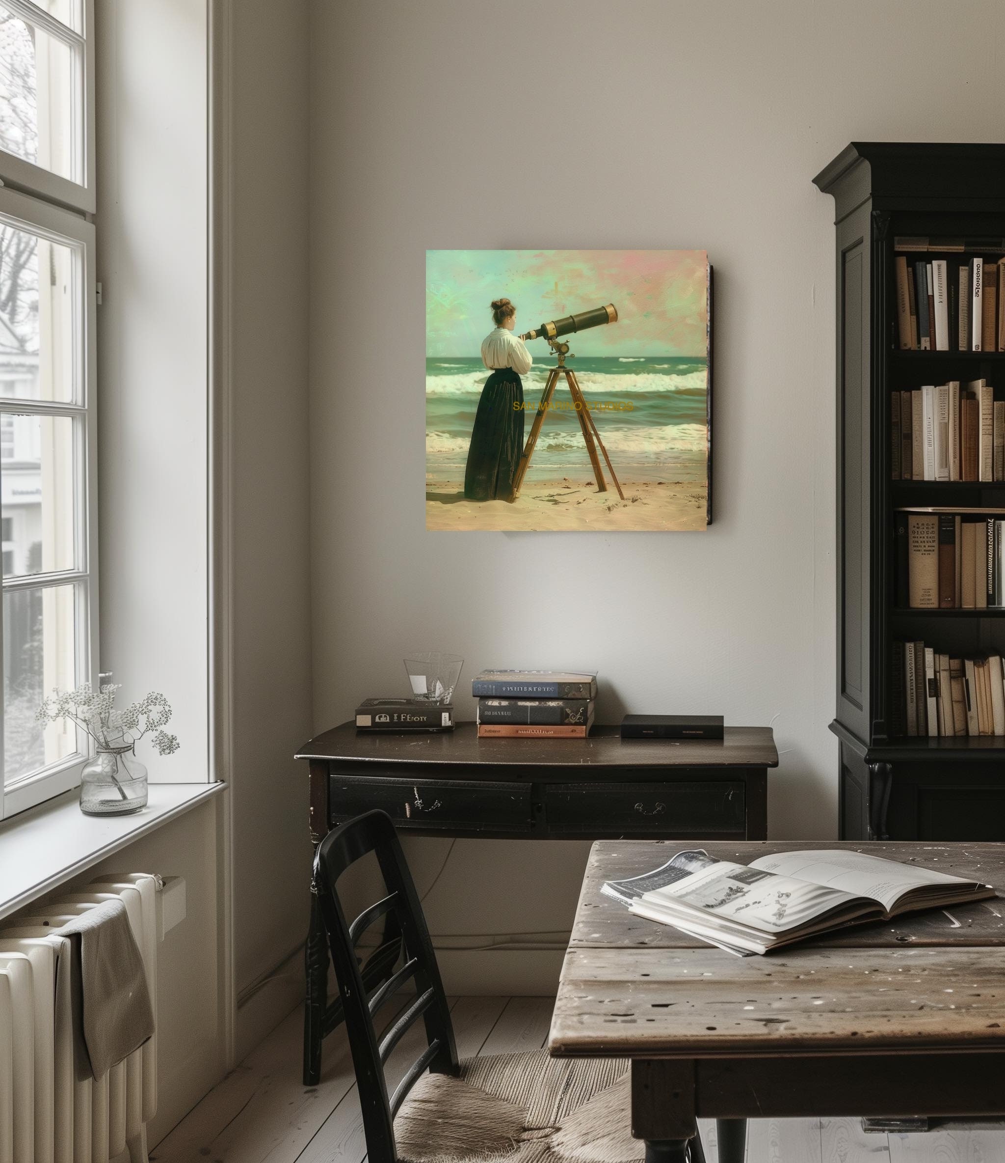 Vintage | Woman on the Beach | Telescope | Painting | Digital ...